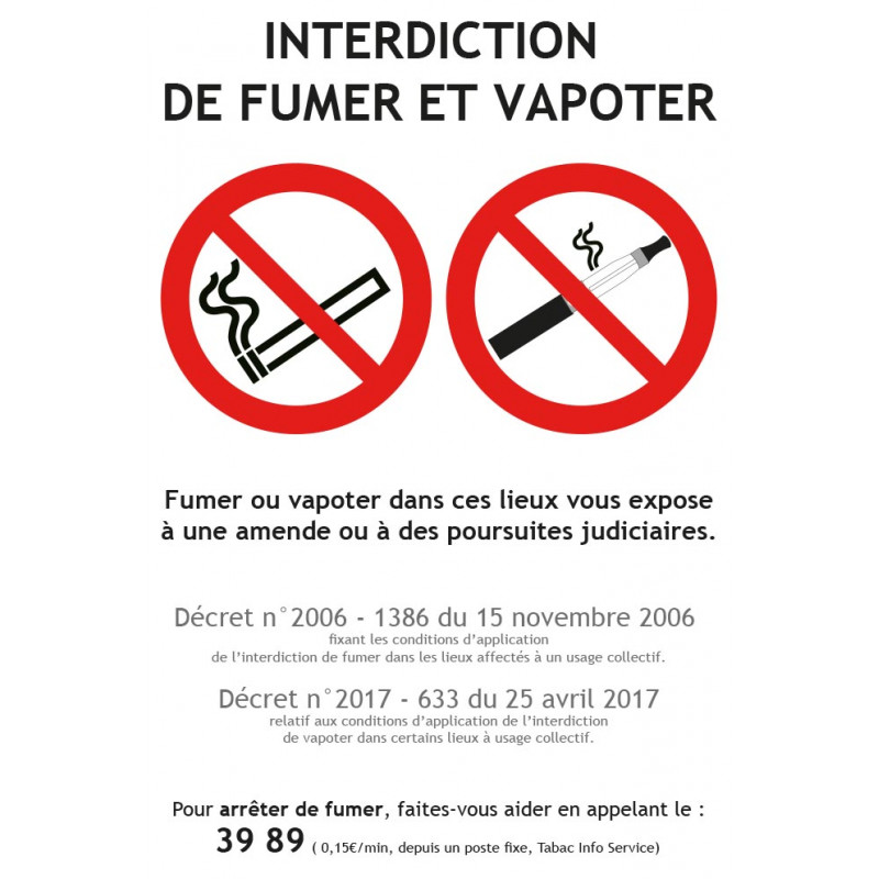 Panneau interdiction de fumer et vapoter conforme décret officiel Panneau interdiction de fumer et vapoter conforme décret officiel